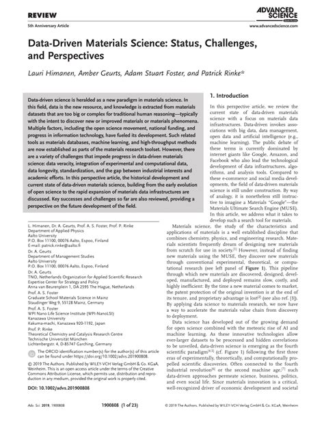 Pdf Data‐driven Materials Science Status Challenges And Perspectives