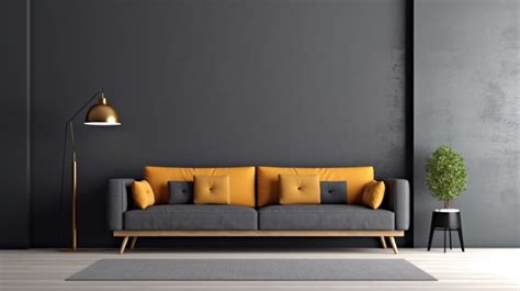 현대적인 인테리어의 매끄러운 스칸디나비아 회색 소파는 파란색 벽 액센트 우아한 몰딩과 헤링본 쪽모이 세공 마룻바닥 3d 컨셉 디자인을 갖추고 있습니다 침실 디자인 깨끗한