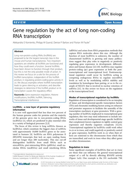 Pdf Gene Regulation By The Act Of Long Non Coding Rna Transcription