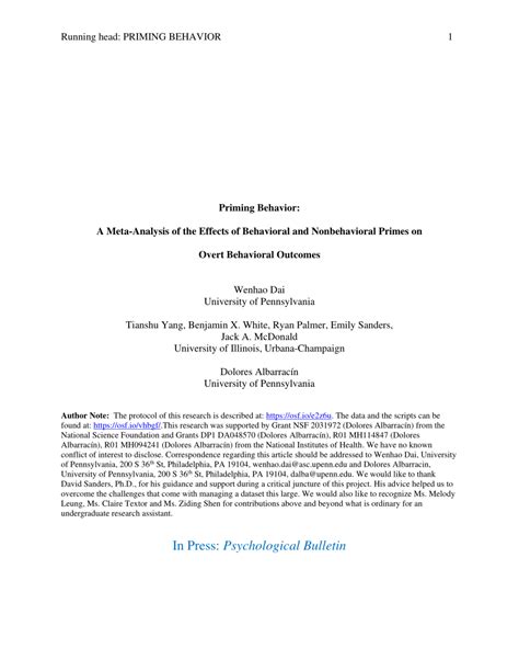 Pdf Priming Behavior A Meta Analysis Of The Effects Of Behavioral