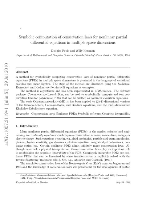 Pdf Symbolic Computation Of Conservation Laws For Nonlinear Partial