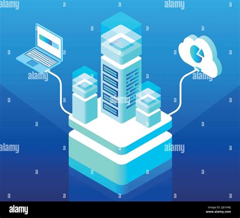 Vector Isometric Cloud Computing And Data Storage Center Concept With Server Rack Connected To