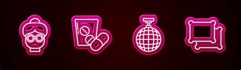 세트 라인 할머니 약 알약 또는 정제 디스코 볼 및 베개 빛나는 네온 아이콘입니다 벡터 거울에 대한 스톡 벡터 아트 및 기타 이미지 Istock