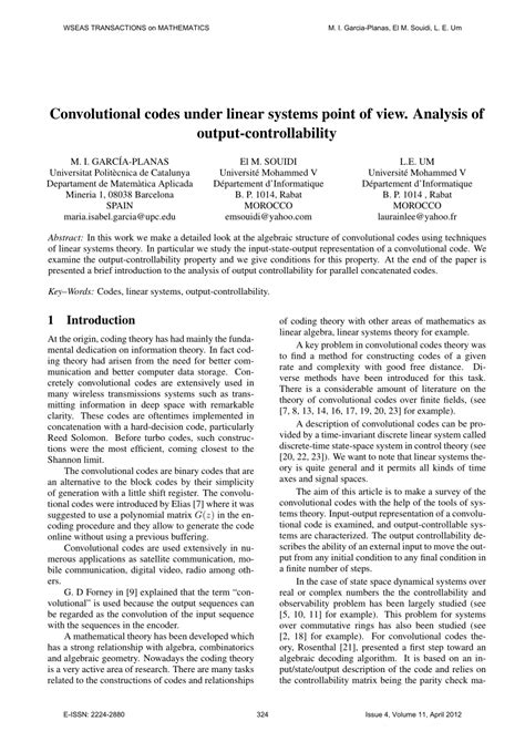 Pdf Convolutional Codes Under Linear Systems Point Of View Analysis