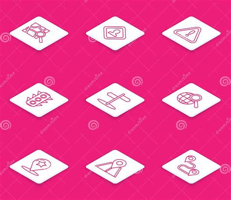 Set Line Folded Map With Location Marker Road Traffic Sign Exclamation In Triangle Traffic