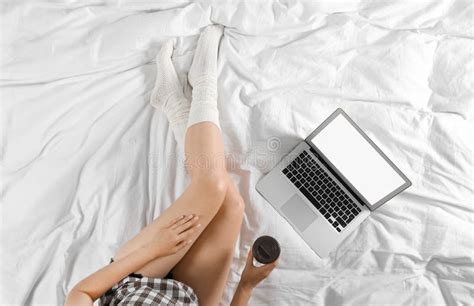Top View Of Woman With Laptop On Bed Closeup Mockup For Design Stock Photo Image Of Office
