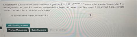 solved a model for the surface area of some solid object is