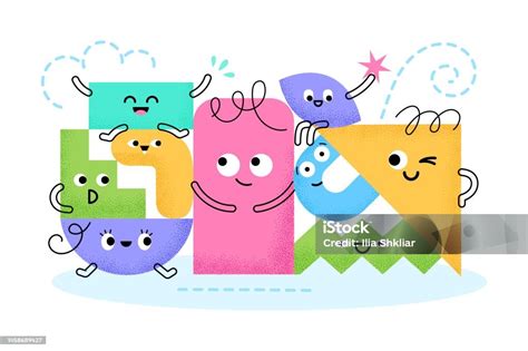 기하학적 모양 캐릭터 퍼즐 얼굴 다리 손 큰 구성 컬러 웃는 요소 벡터 개념을 가진 귀여운 만화 인물 아이에 대한 스톡 벡터