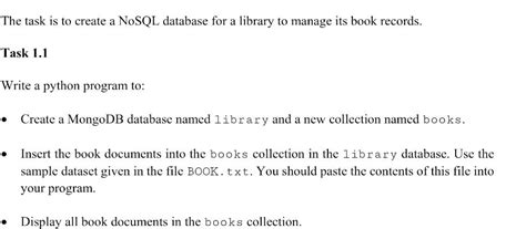 Solved The task is to create a NoSQL database for a library | Chegg.com