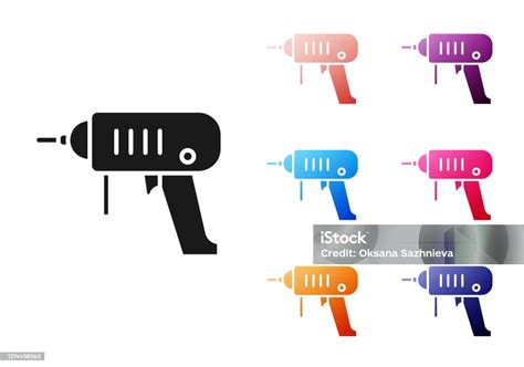 흰색 배경에 격리 된 검은 색 전기 드릴 기계 아이콘입니다 복구 도구 다채로운 아이콘을 설정합니다 벡터 일러스트레이션 가정