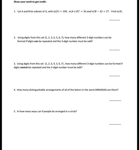 solved show your work to get credit and be subsets of u with n u 100