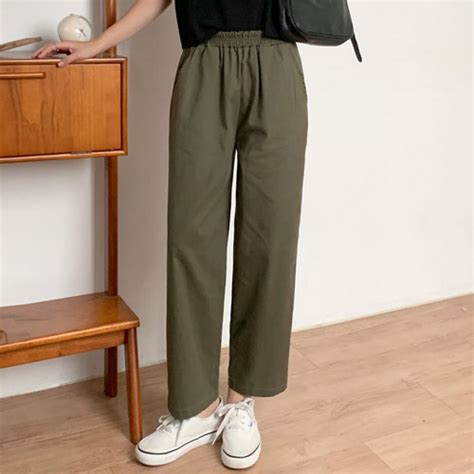 시크온미 여성 밴딩 무지 9부 통바지 와이드 치노팬츠 면바지 카키 핑크 아이보리