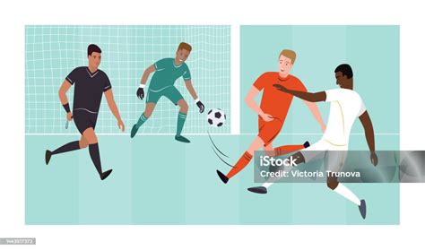 축구 선수는 상대의 골대에 공을 차고 골키퍼는 공을 잡고 수비수는 근처에 있습니다 필드에 세 축구 선수 카드 4 명에 대한 스톡 벡터 아트 및 기타 이미지 Istock