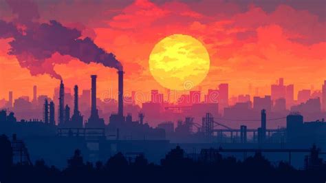 Pixel Art Cityscape Sunset With Industrial Pollution Stock Illustration Illustration Of Light