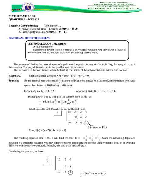 Math 10 Q1 Wk7 Pdf Factorization Polynomial