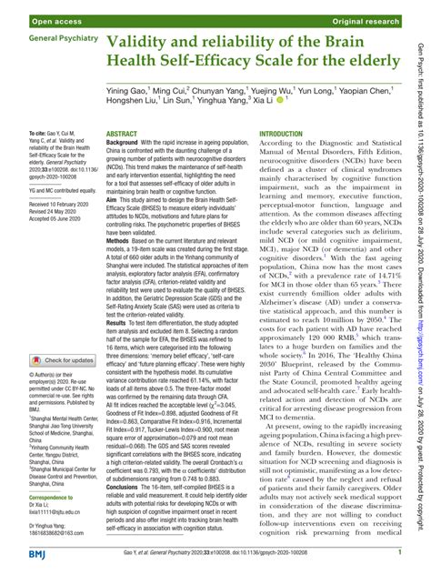 Pdf Validity And Reliability Of The Brain Health Self Efficacy Scale
