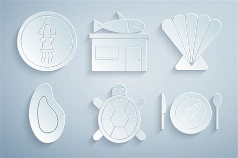 거북이 가리비 조개 홍합 접시에 담긴 생선 세트 해산물 가게 및 문어 아이콘 벡터 3차원 형태에 대한 스톡 벡터 아트 및 기타