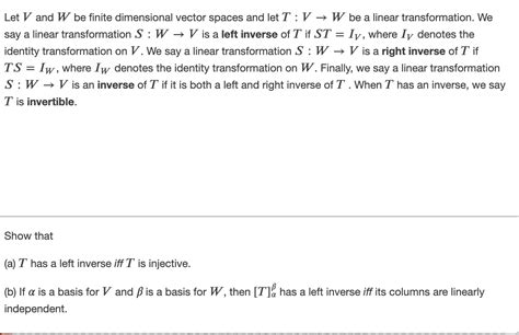 solved let v and w be finite dimensional vector spaces and