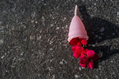 회색 배경에 여성의 기간을 상징 꽃 꽃잎 실리콘 생리 컵 재사용 가능한 친환경 여성 위생 제품 제로 폐기물 지속 가능한 플라스틱 무료 라이프 스타일 0명에 대한 스톡 사진