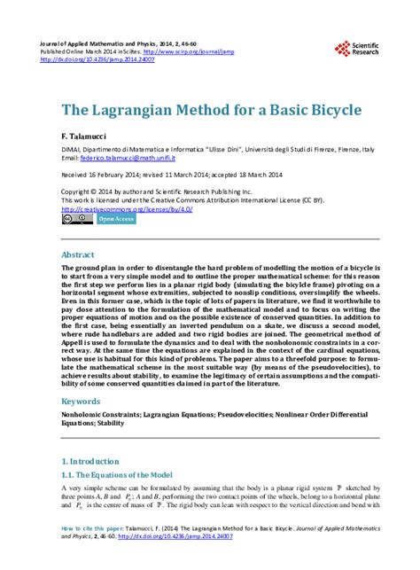 Pdf The Lagrangian Method For A Basic Bicycle