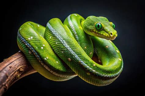 Stunning Closeup Of A Juvenile Green Tree Python Morelia Viridis Under Nocturnal Rainforest