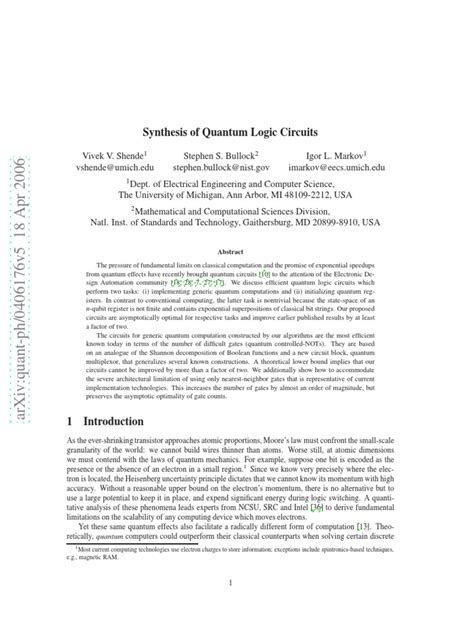 synthesis of quantum logic circuits pdf matrix mathematics