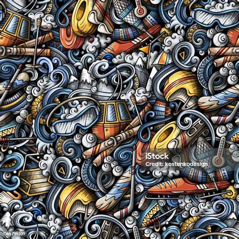 겨울 스포츠 손으로 그린 낙서 매끄러운 패턴 스키 리조트 배경입니다 만화 추운 계절 야외 활동 인쇄 디자인 다채로운 벡터 일러스트레이션 3차원 형태에 대한 스톡 벡터 아트