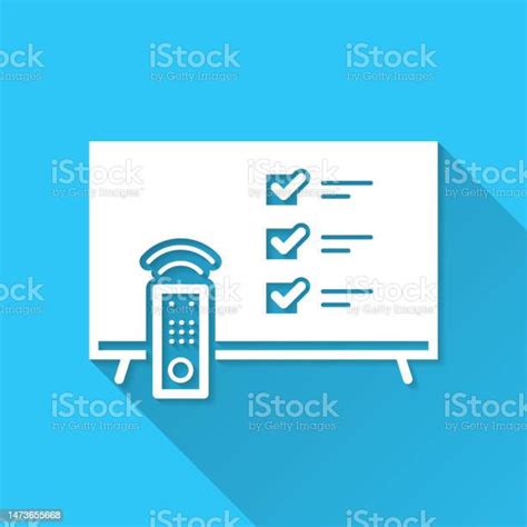체크리스트가 있는 Tv 파란색 배경에 아이콘 긴 그림자가 있는 평면 디자인 3차원 형태에 대한 스톡 벡터 아트 및 기타 이미지 3차원 형태 Tv 보기 개념 Istock