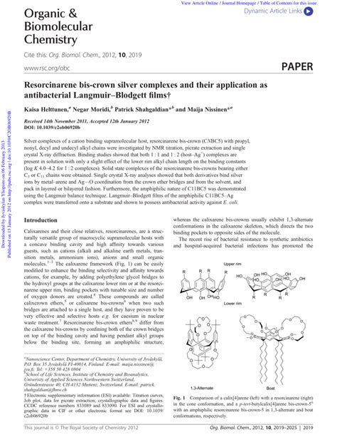 Pdf Resorcinarene Bis Crown Silver Complexes And Their Application As Antibacterial Langmuir