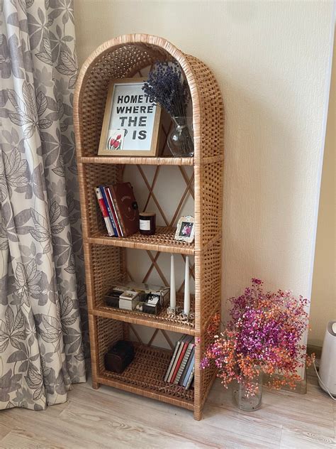 Arched Wicker Bookshelf Rattan Bookcase Plant Stand Boho Furniture Arch Wicker Shelf Storage