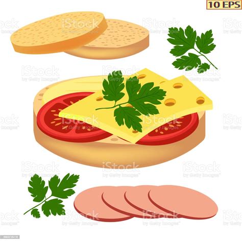 버터 소시지 치즈 토마토 파 슬 리와 샌드위치 소시지와 맛 있는 샌드위치 아침 신선한 샌드위치입니다 소시지와 치즈 슬라이스 빵 0명에 대한 스톡 벡터 아트 및 기타 이미지