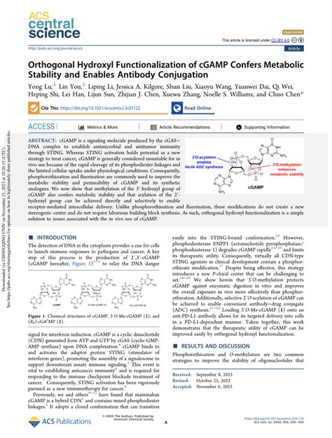 Pdf Orthogonal Hydroxyl Functionalization Of Cgamp Confers Metabolic