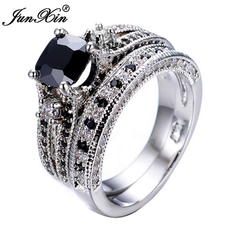 Gorgeous Black Sapphire Crystal Ring Sets Promise Engagement Rings For