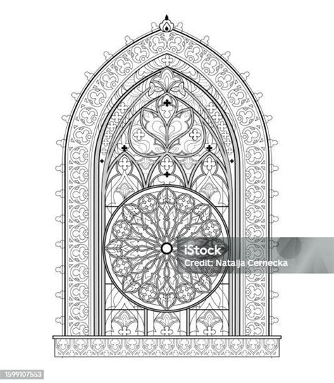 장미가 있는 프랑스 교회의 아름다운 고딕 양식의 스테인드 글라스 창문 색칠하기 책을 위한 흑백 그림 서유럽의 중세 건축 어린이와