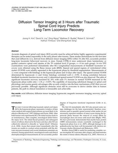 PDF Diffusion Tensor Imaging At 3 Hours After Traumatic Spinal Cord Injury Predicts Long Term