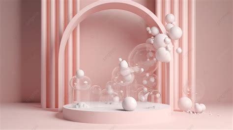 분홍색 배경의 아치와 비누 거품의 3d 그림 프레젠테이션을 위한 배경 받침대에 날아다니는 거품 진주 아치가 있는 3d 대리석