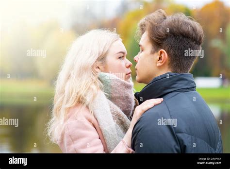 Teenage Love Concept Cute Brunette Guy Young Blonde Girl Stock