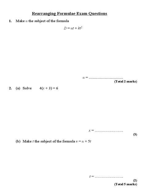 Rearranging Formulae Exam Questions Pdf