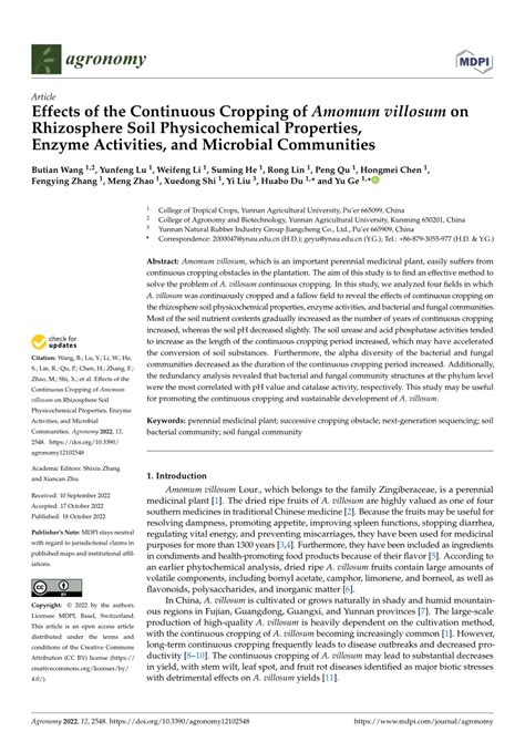 (PDF) Effects of the Continuous Cropping of Amomum villosum on Rhizosphere Soil Physicochemical ...