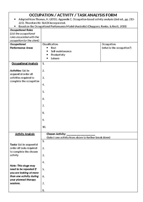 Occupation Activity Task Analysis Template Occupation Activity Task Analysis Form Adapted