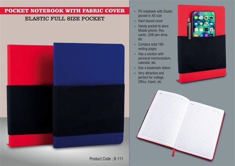 B111 Pocket Notebook With Fabric Cover Elastic Full Size Pocket A5 Size Hard Bound Cover