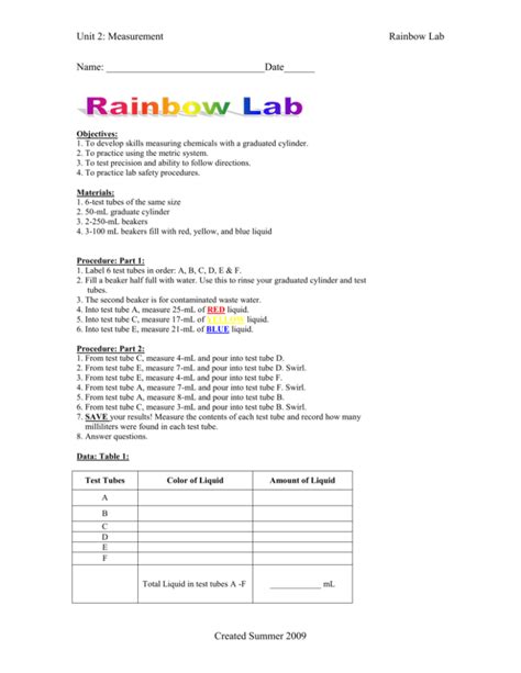 Rainbow Lab Measurement And Mixing Colors Worksheet