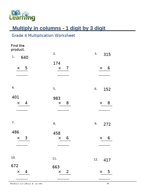 Grade 4 Multiply Columns 1 Digit 3 Digit B Pdf