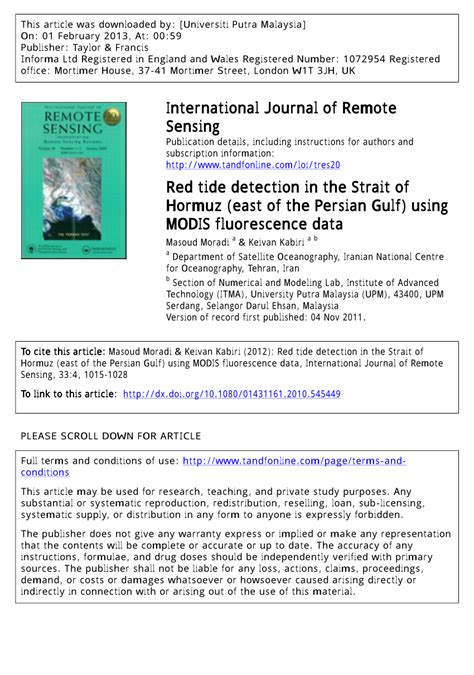 Pdf Red Tide Detection In The Strait Of Hormuz East Of The Persian Gulf Using Modis