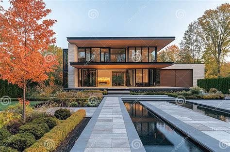 Modern Luxury Home Exterior With Reflecting Pools And Landscaping At