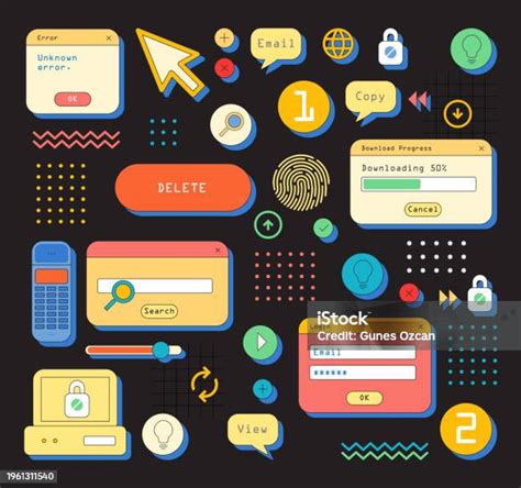 Retro Browser Computer Window In 90s Style With Icons And Stickers Retro Wave Pc Desktop With