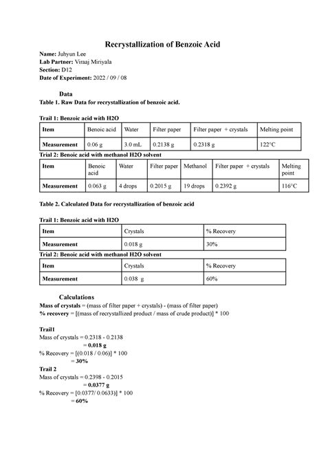 orgo 1 recrystallization of benozoic acid lab report
