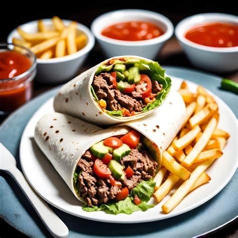 Burrito De Carne Con Tomate Pepino Lechuga Jalapeno Servido Con Papas
