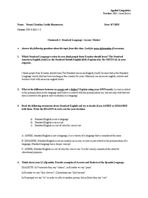 classwork 1 standard language accent dialect pdf english language