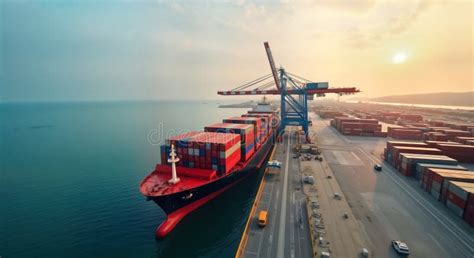 Aerial View Of Container Ship Loading Unloading Goods At Busy Seaport
